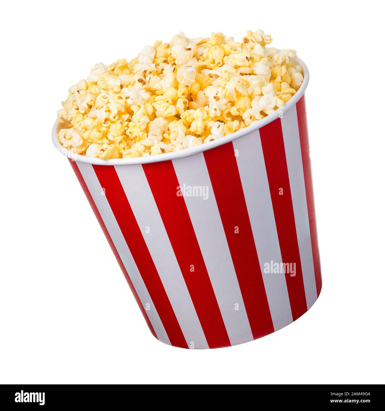 Paper striped bucket with popcorn isolated on white background Stock ...