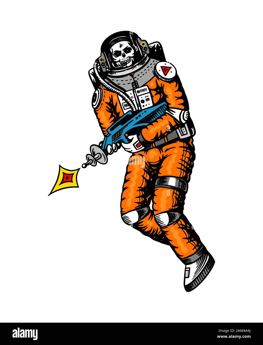Soaring Spaceman. Skeleton with space weapons. Astronaut in the solar ...
