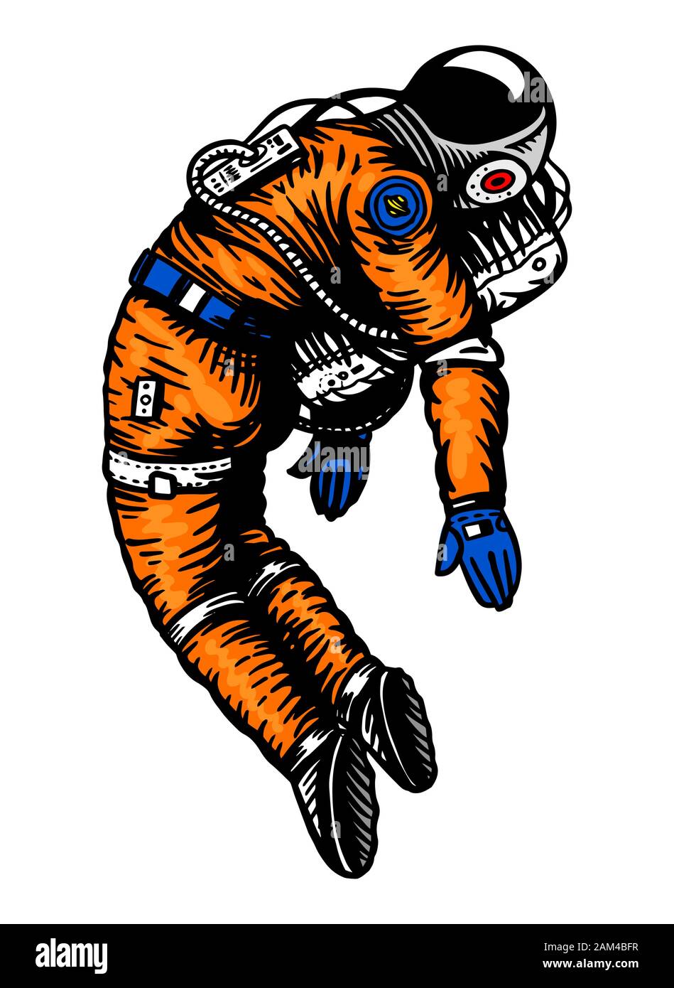 Soaring Spaceman in space. Astronaut in the solar system. Engraved hand ...