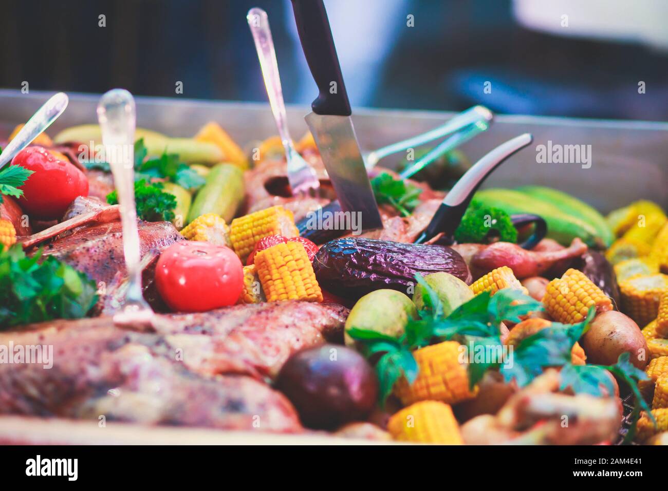 Big giant dish plate with roasted full pig pork head, served in ...