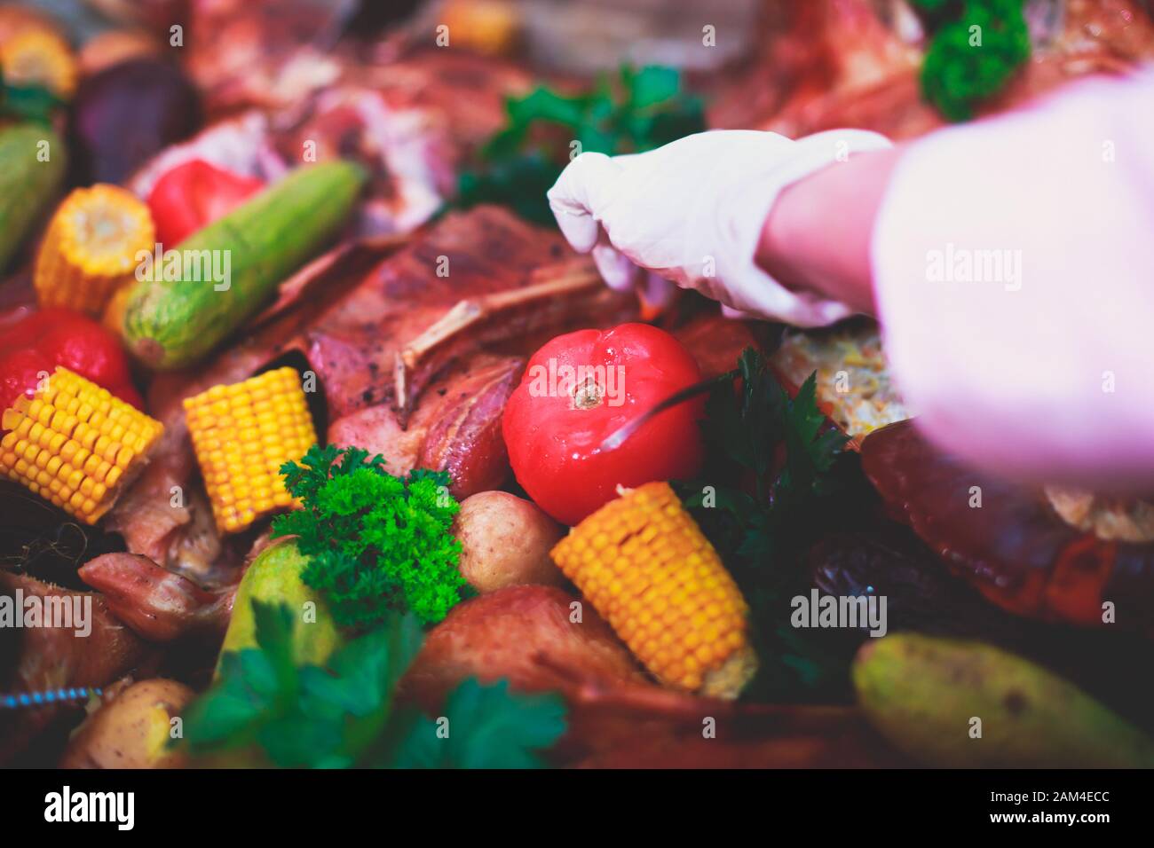 Big giant dish plate with roasted full pig pork head, served in ...