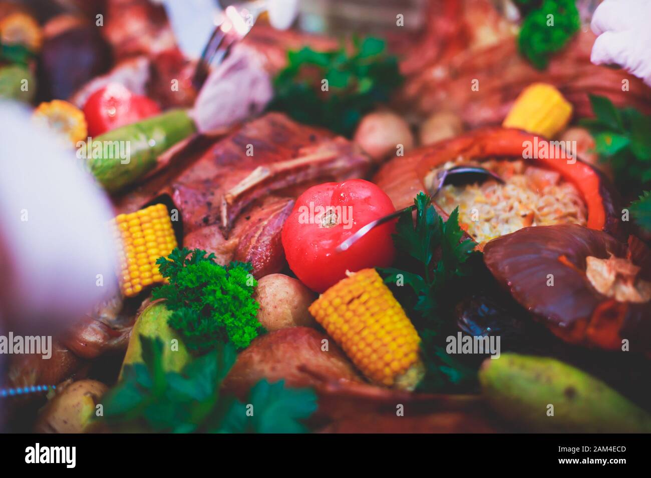 Big giant dish plate with roasted full pig pork head, served in ...
