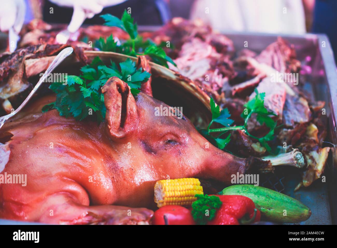 Big giant dish plate with roasted full pig pork head, served in ...