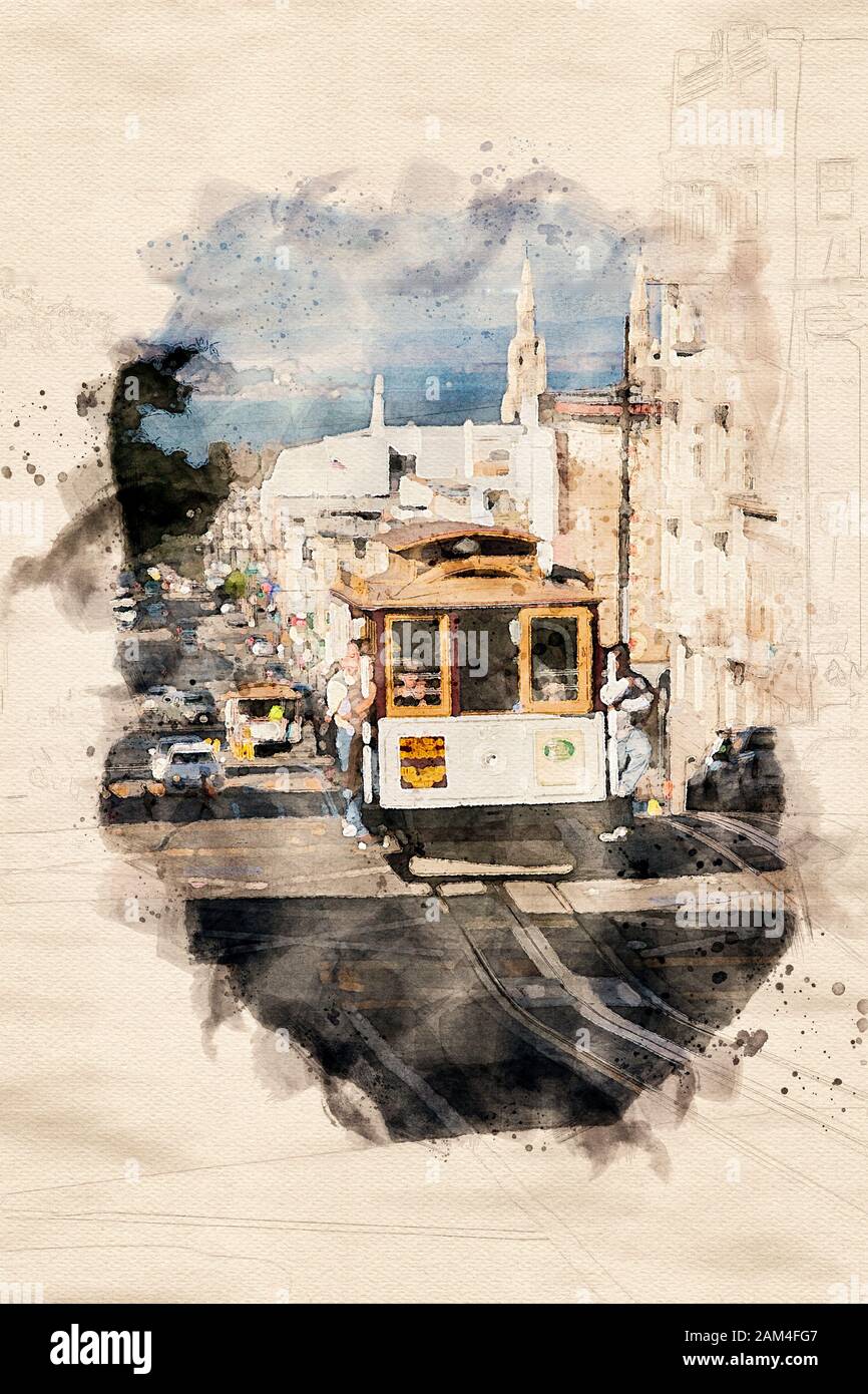 Watercolor painting of a cable car in San Francisco, California, USA ...