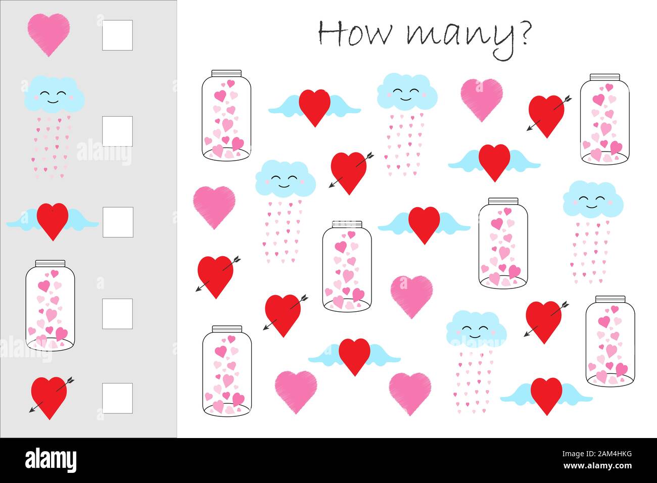 How many counting game with hearts for kids, educational maths task for ...