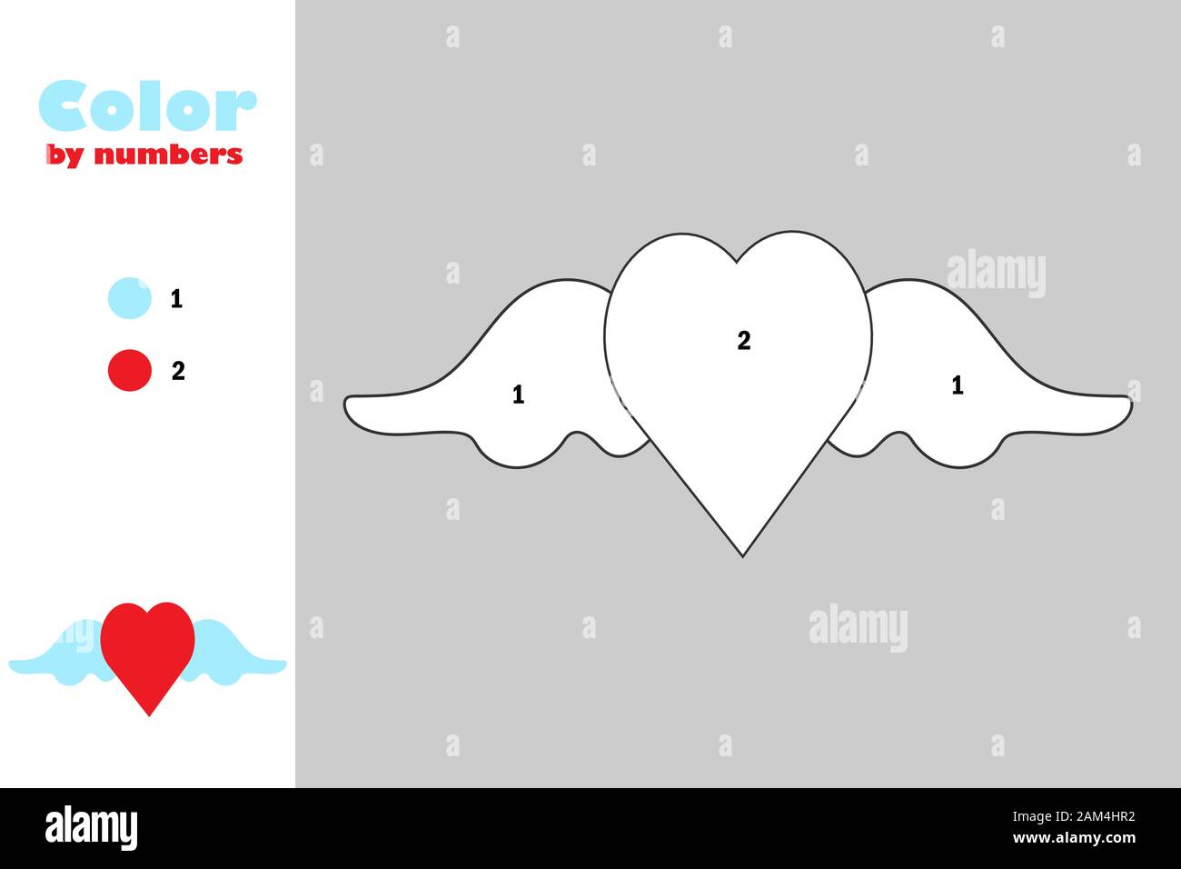 Heart with wings in cartoon style, color by number, education paper ...