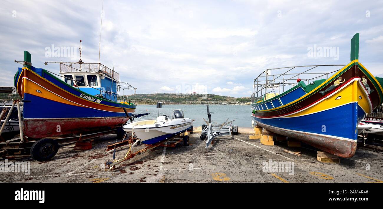Mellieha. Malta - 13th October 2018:Traditional fishing boats and a ...