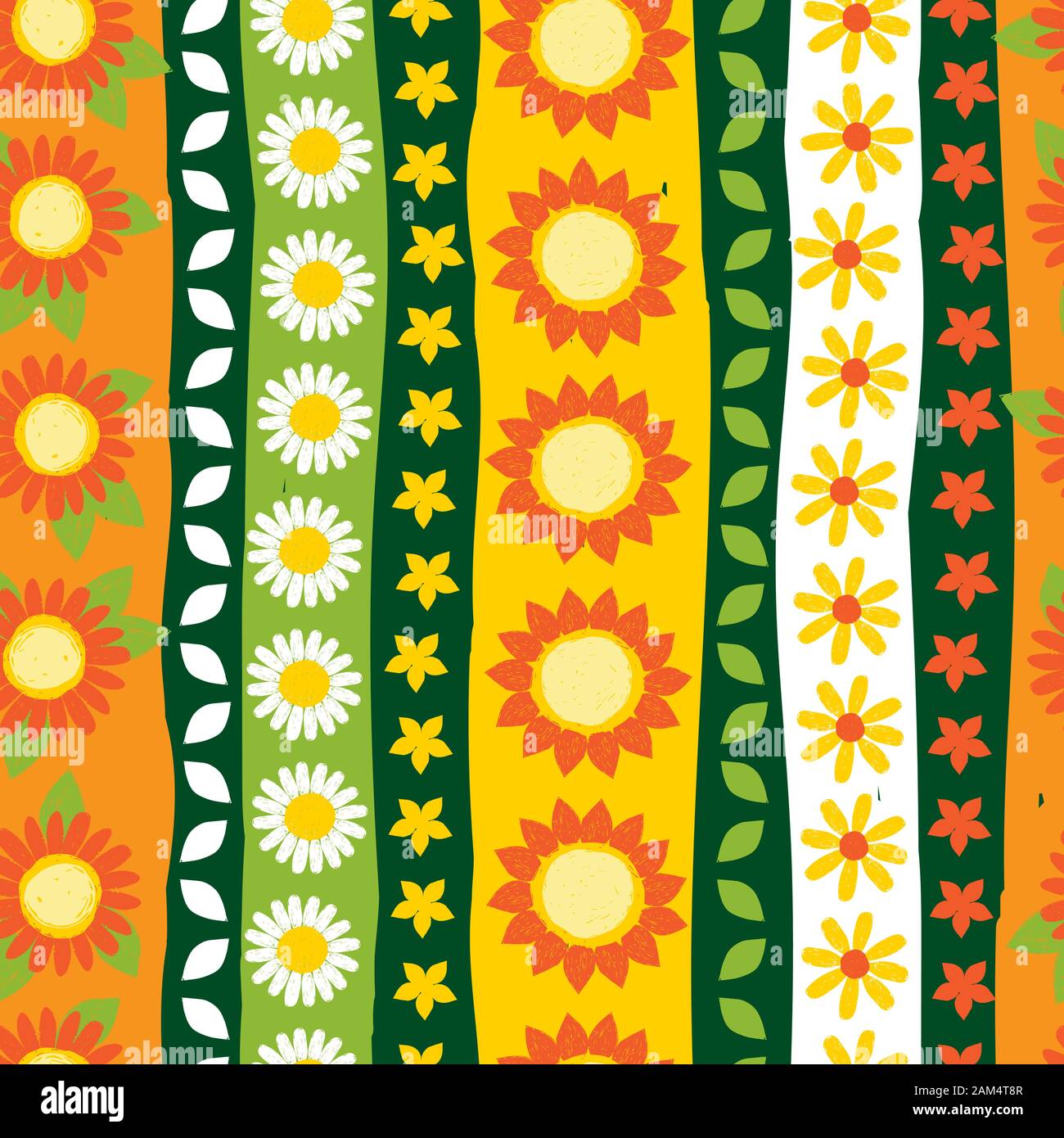 Vector colourful vertical column sunflowers pen sketch repeat pattern ...