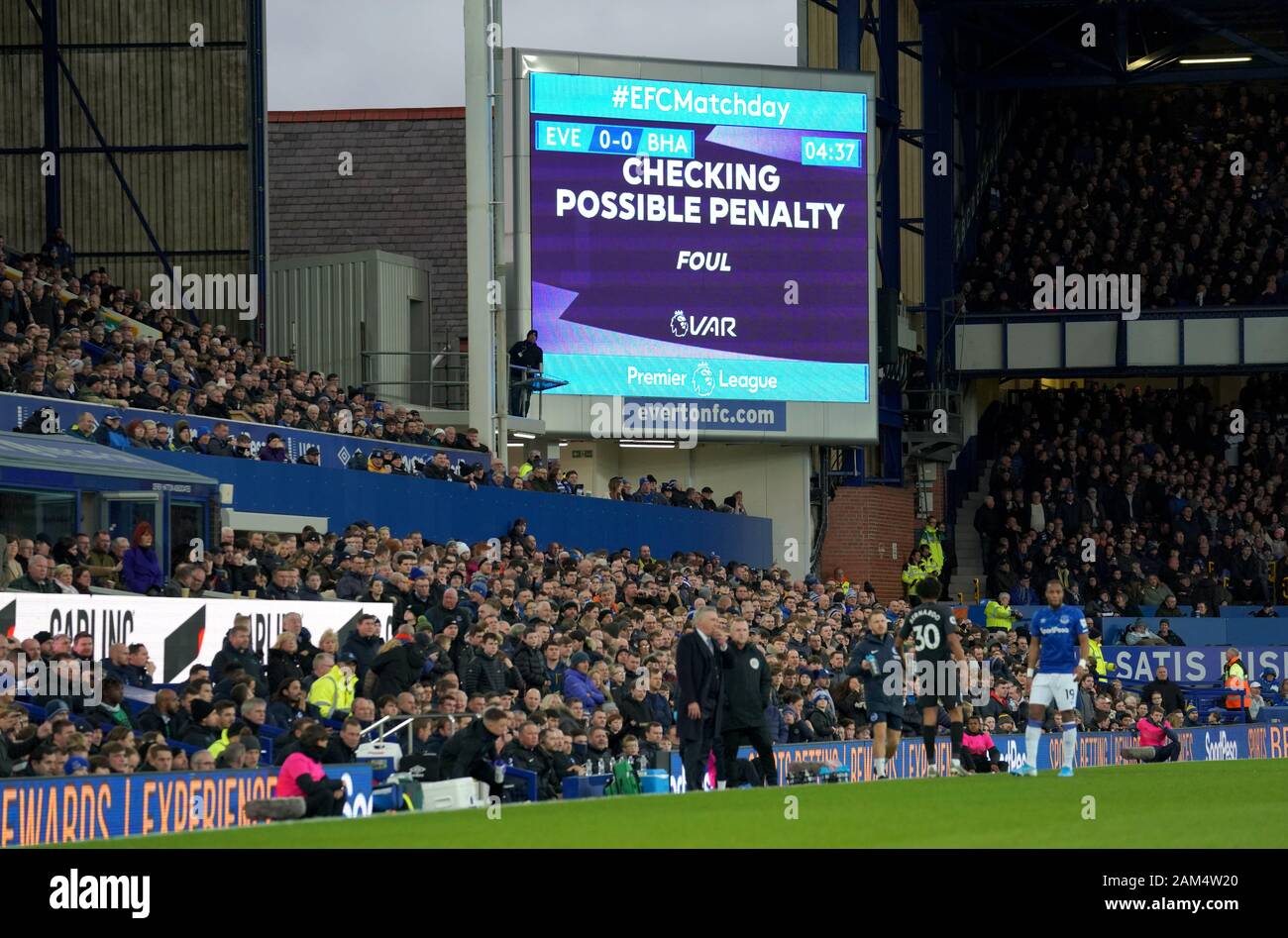 A VAR check in progress during the Premier League match at Goodison ...