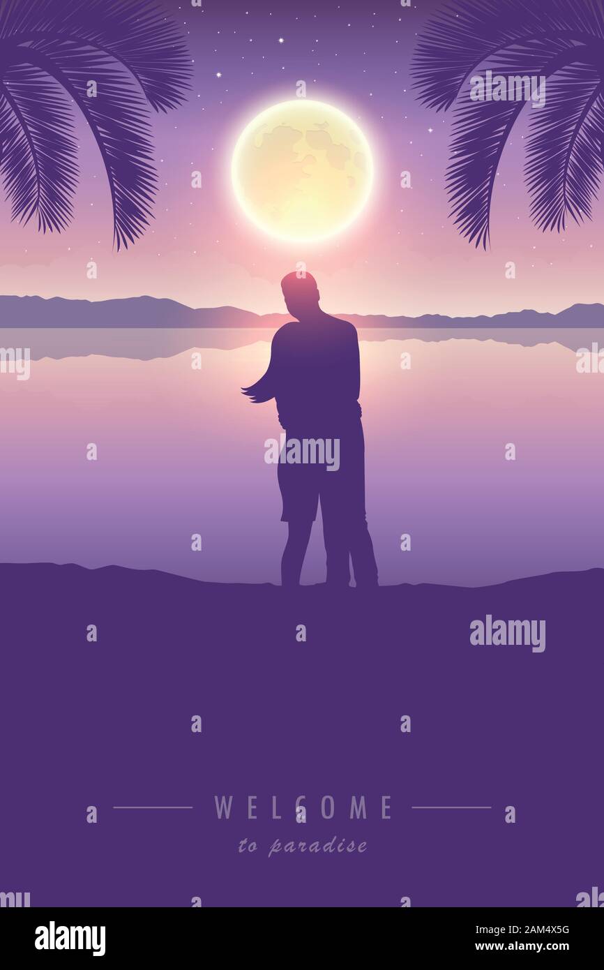 loving couple enjoy the full moon under palm tree vector illustration ...