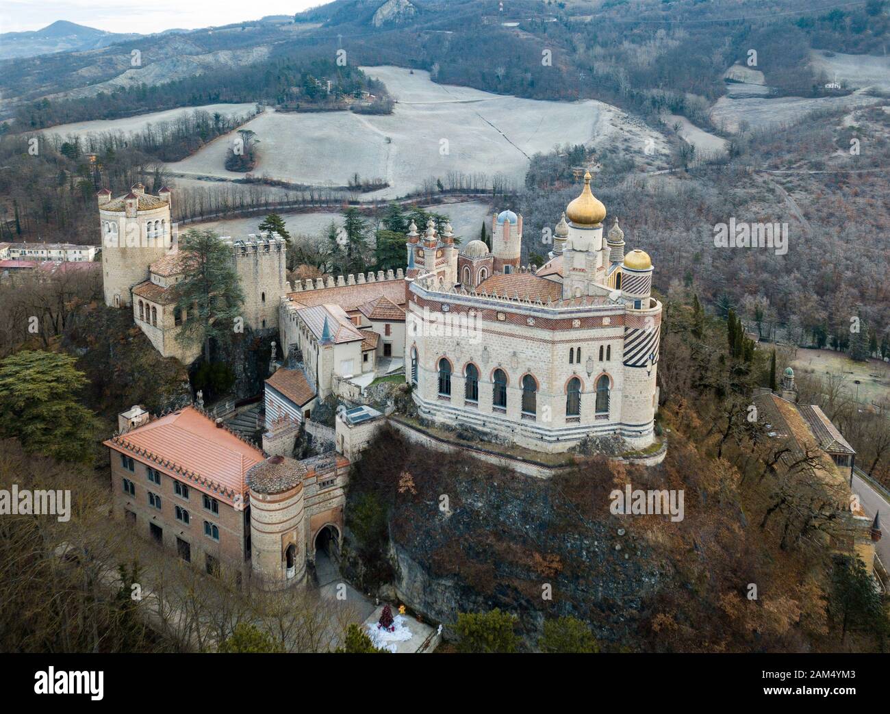 Aerial view of Castle of Rocchetta Mattei, Italy Stock Photo - Alamy