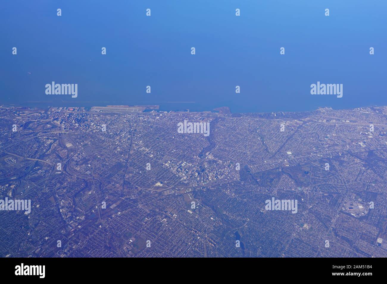 Aerial view of the city of Cleveland, Ohio, and the Burke Lakefront ...