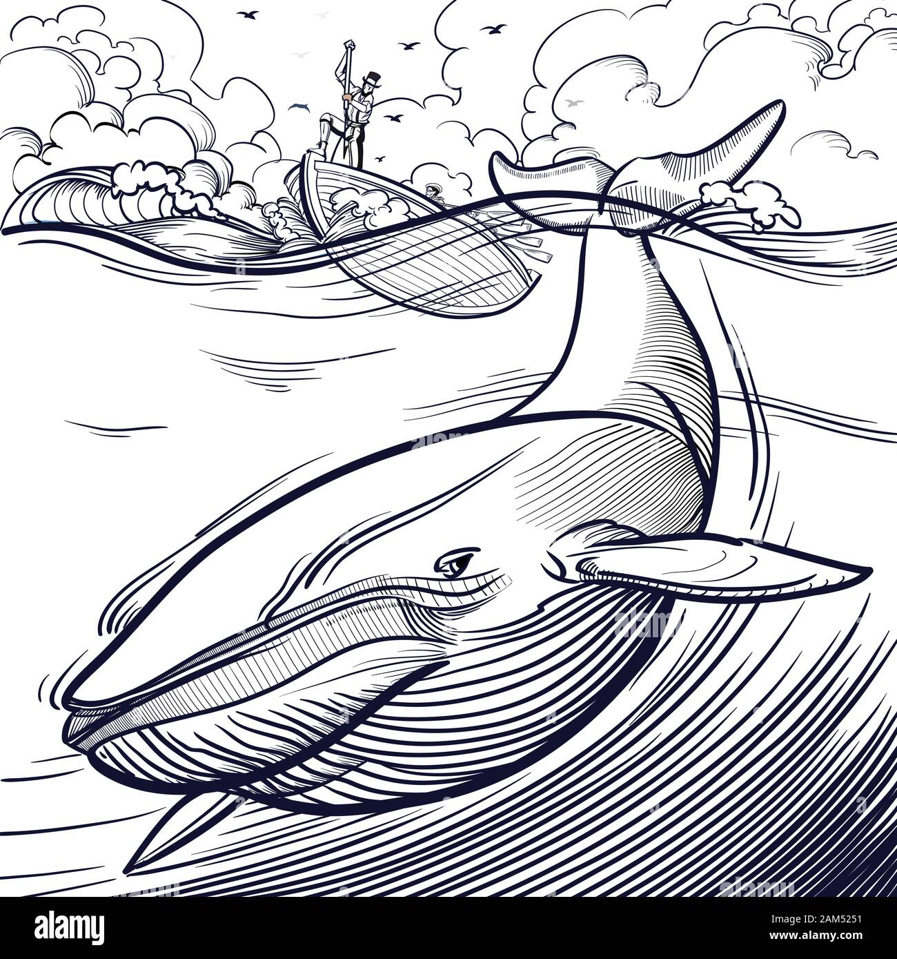 Blue whale being hunted by old time whalers book style line ...