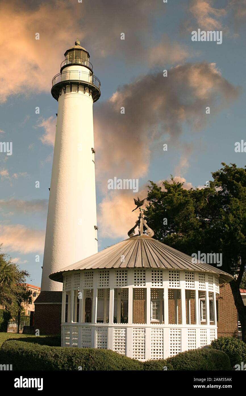 White gazebo and lighthouse against blue sky Stock Photo - Alamy