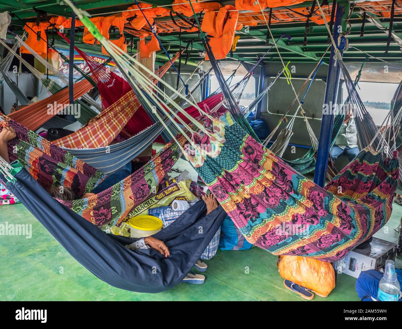 Amazon River, Peru - March 25, 2018: Beautiful, colorful hammocks on ...