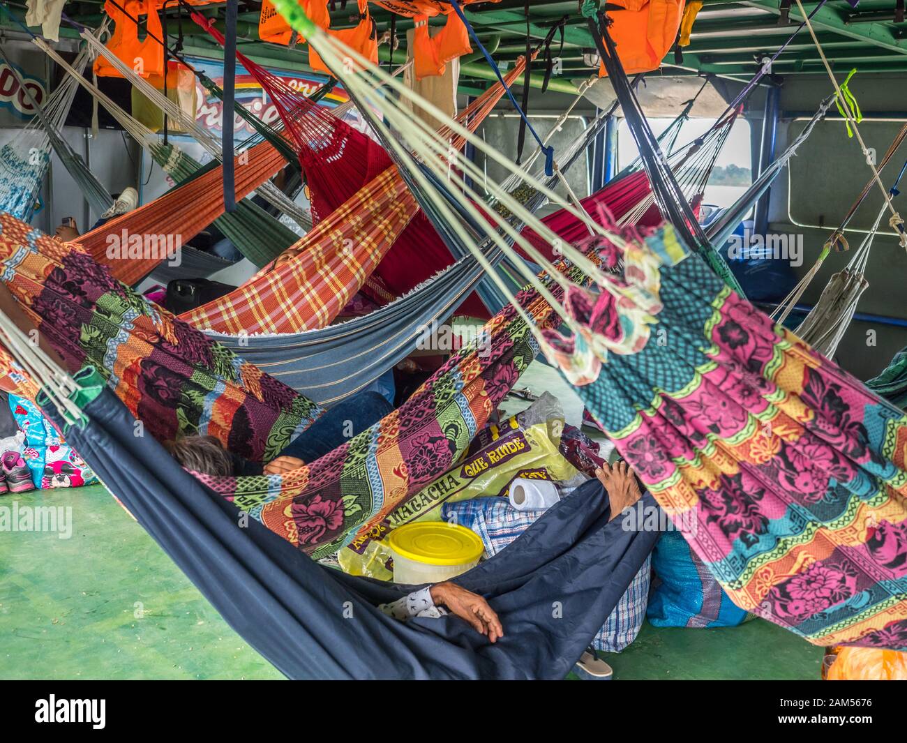 Amazon River, Peru - March 25, 2018: Beautiful, colorful hammocks on ...
