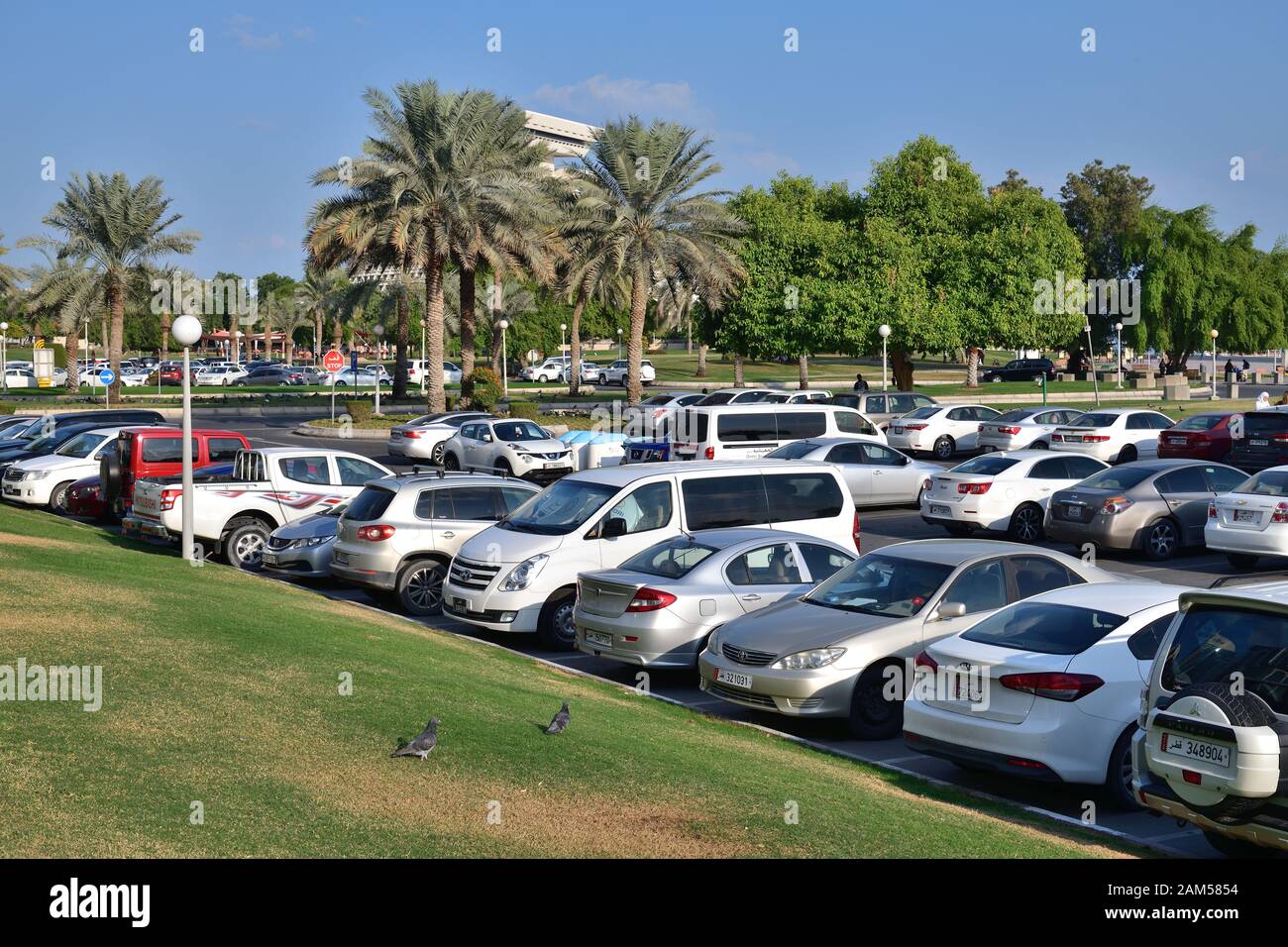 Doha, Qatar - Nov 21. 2019. Dallah Parking in park on Corniche street ...