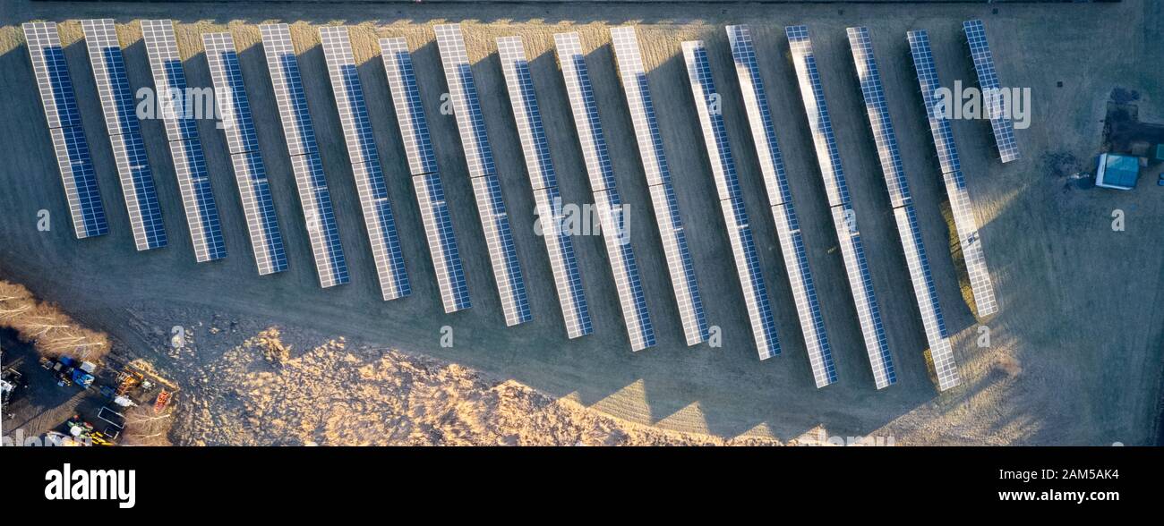Solar PV heat panels in field illuminated. by sunlight by low sun at ...