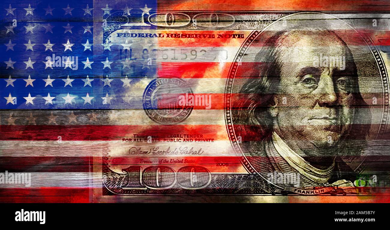 USA flag with US dollar on a wood surface. Concept image Stock Photo ...