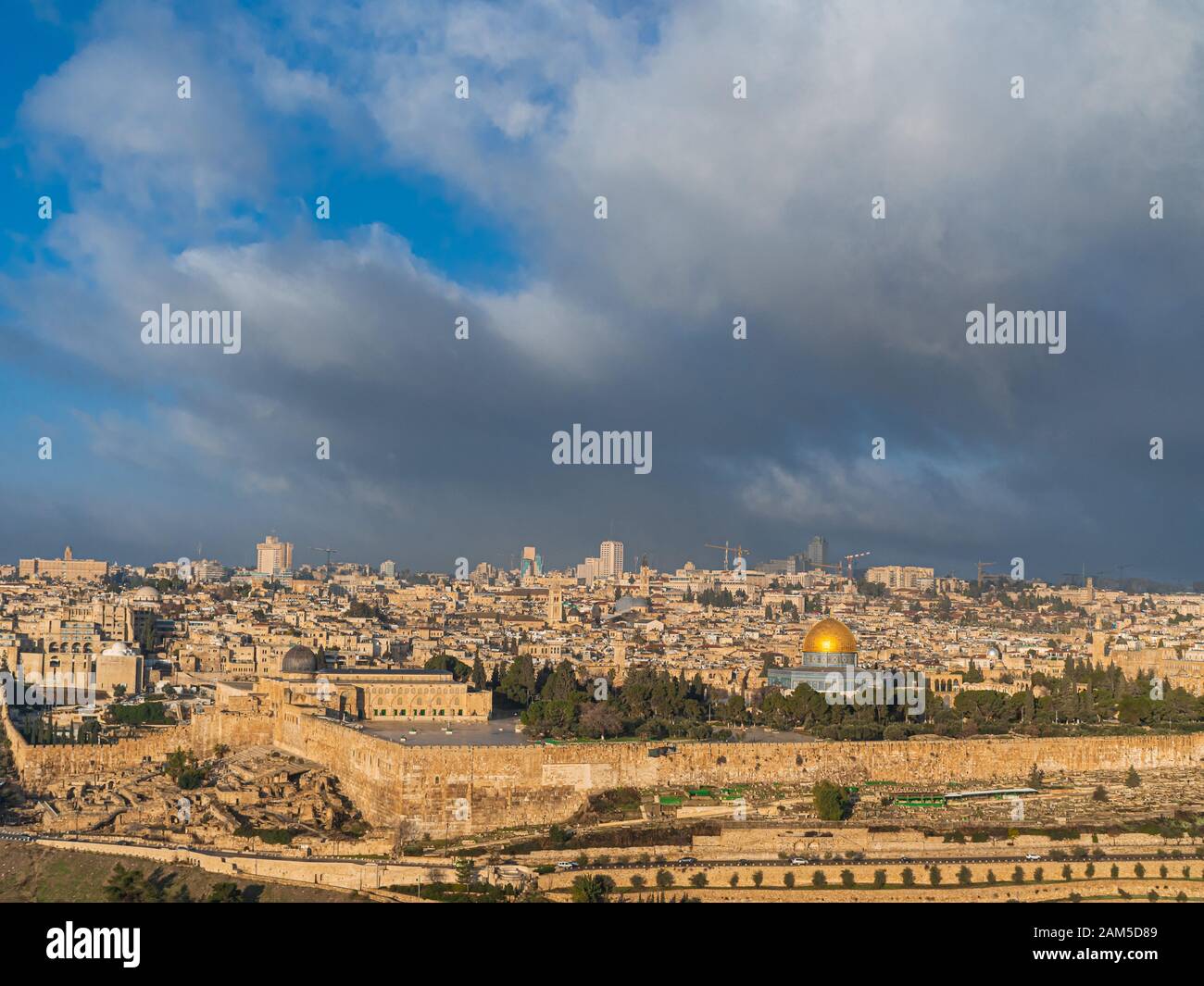 Jerusalem old town skyline with the dome of the rock in the center ...