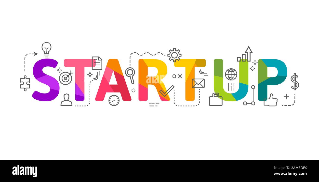Startup word lettering in colorful low poly design with related thin ...
