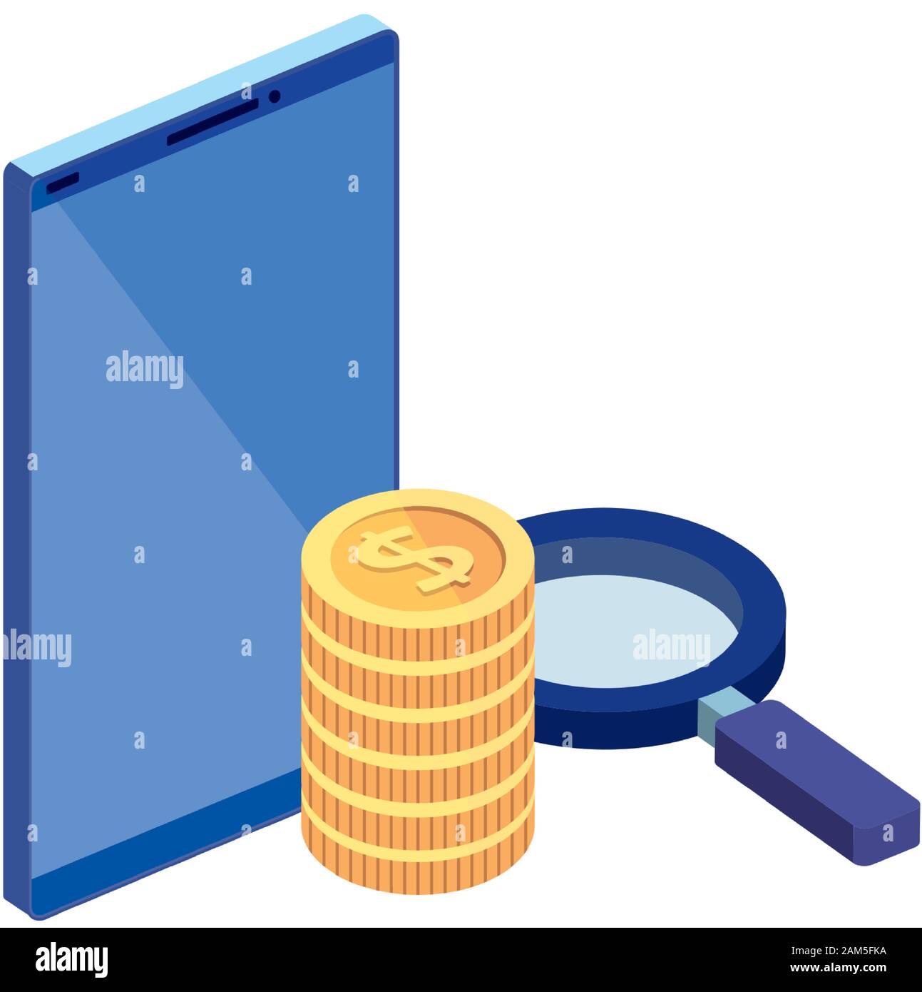 smartphone with magnifying glass and stack coins Stock Vector Image ...