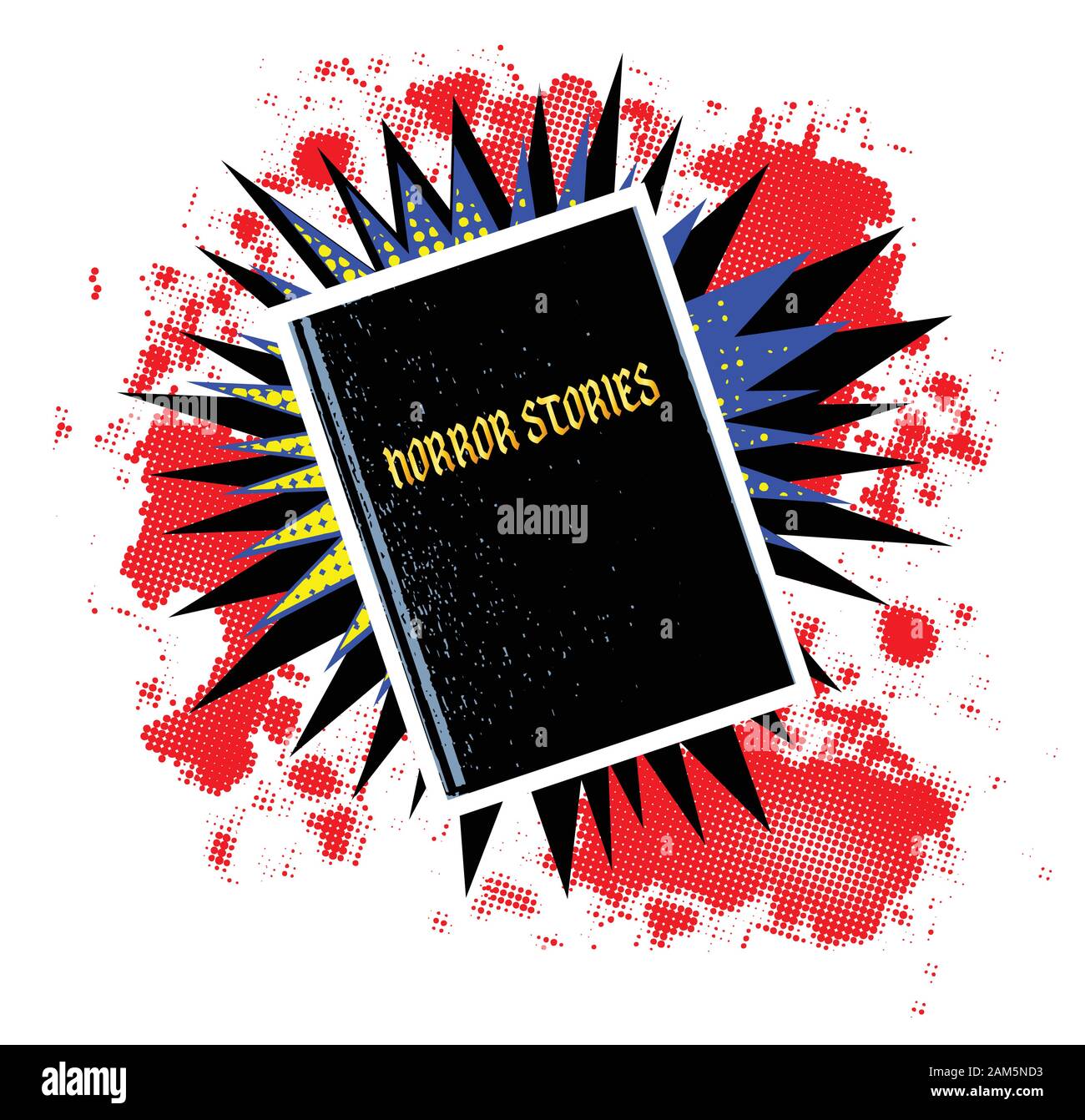A comic cartoon style boom explosion set with a horror stories book ...