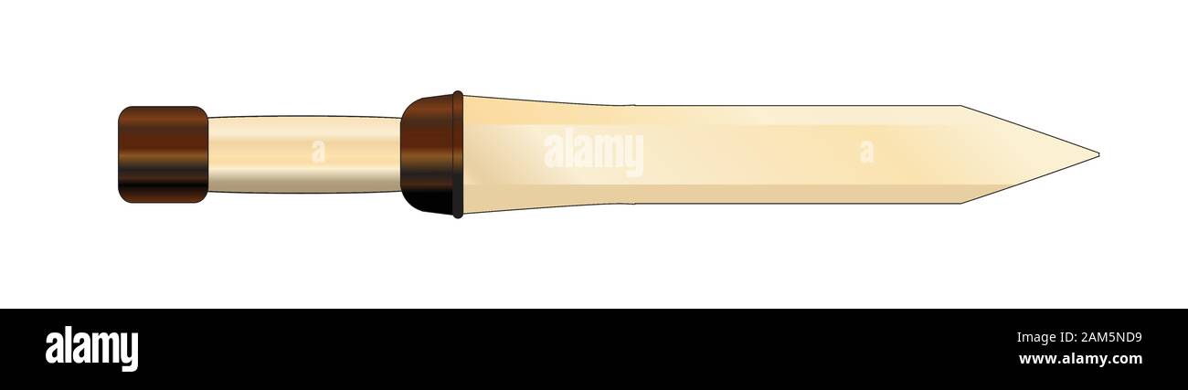 A typical eooden rudis Roman gladiator sword set on a white background ...