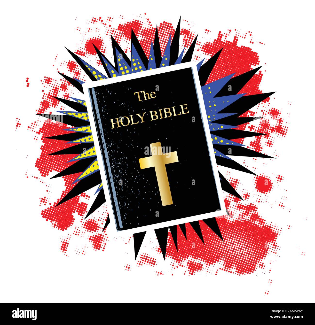 A comic cartoon style boom explosion set with the Holy Bible over a ...