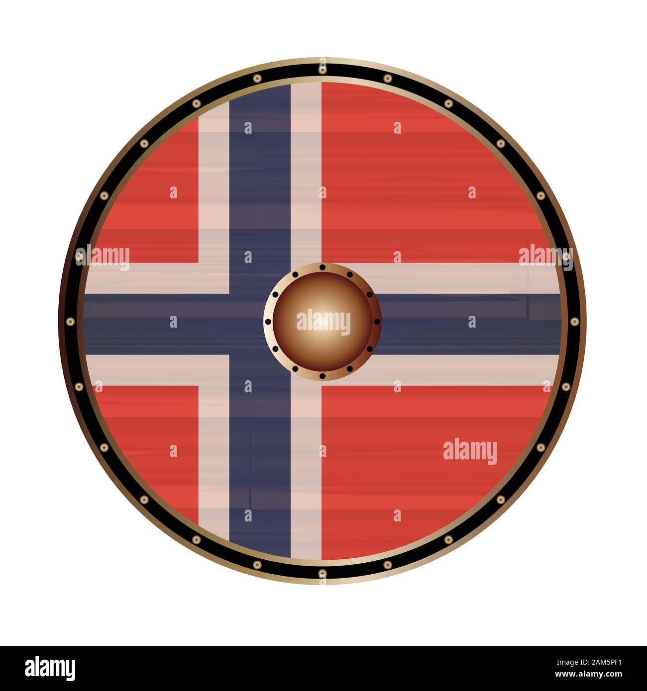 A Viking round shield with the Norwegian flag color design isolated on ...