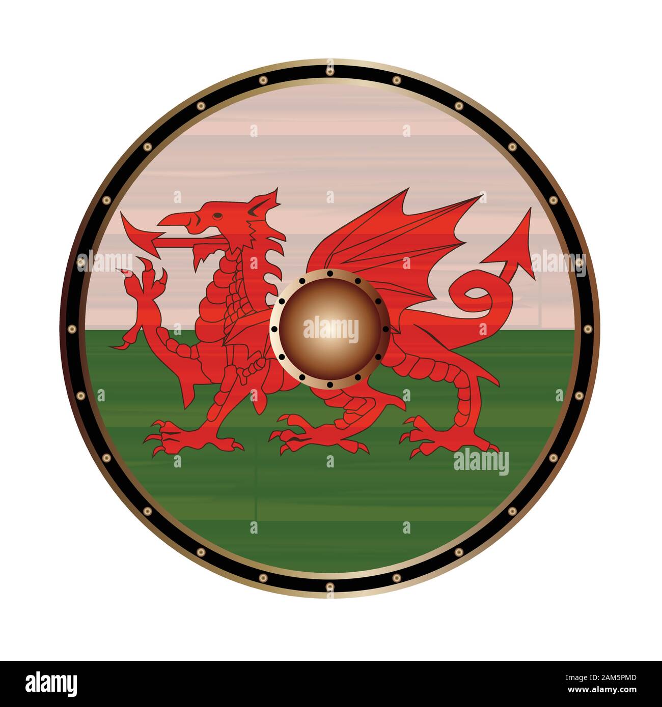 A Viking style round shield with the Welsh red dragon flag color design ...
