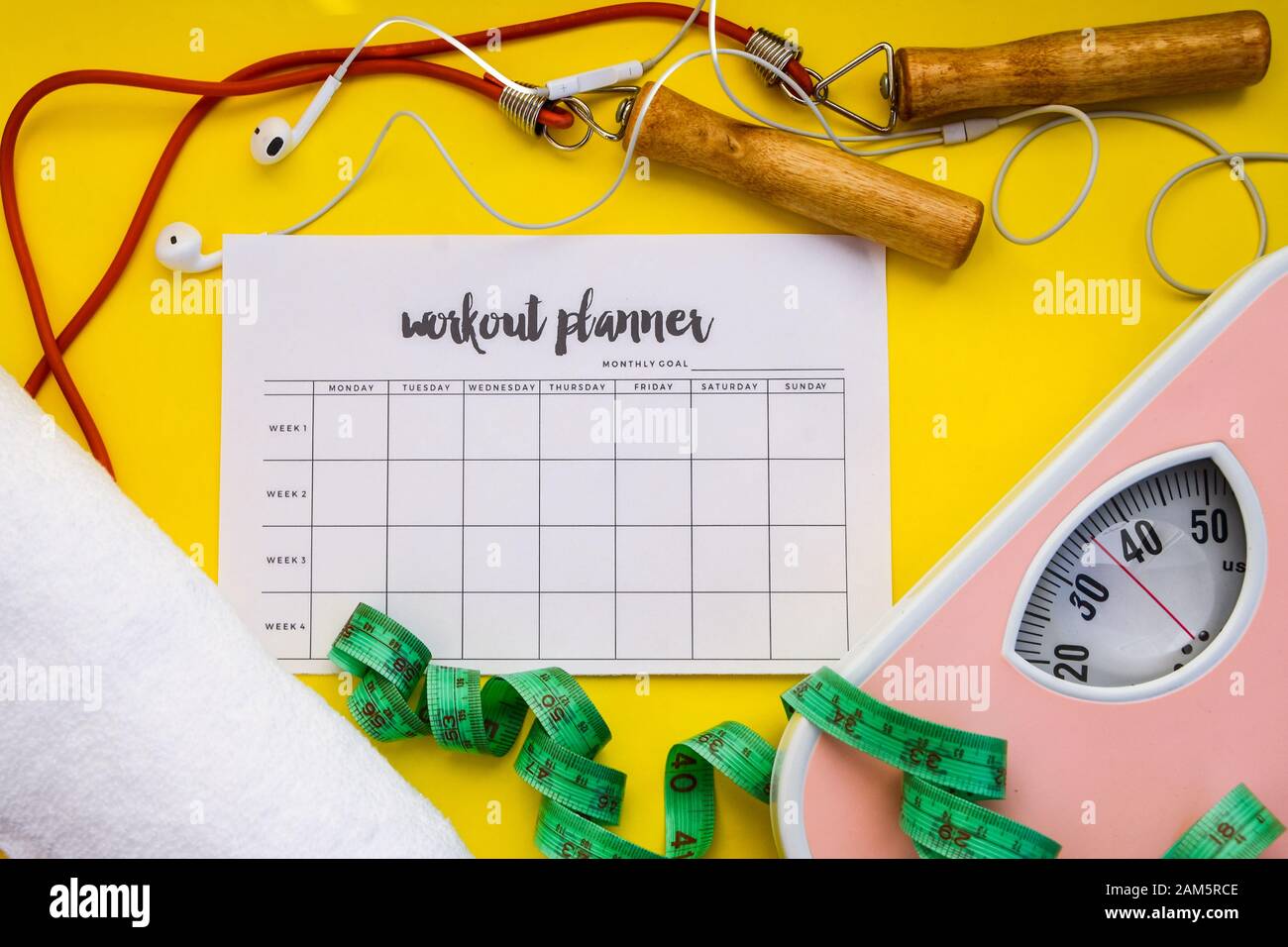 Modern weight scale with jumping rope, measuring tape. Fitness concept ...