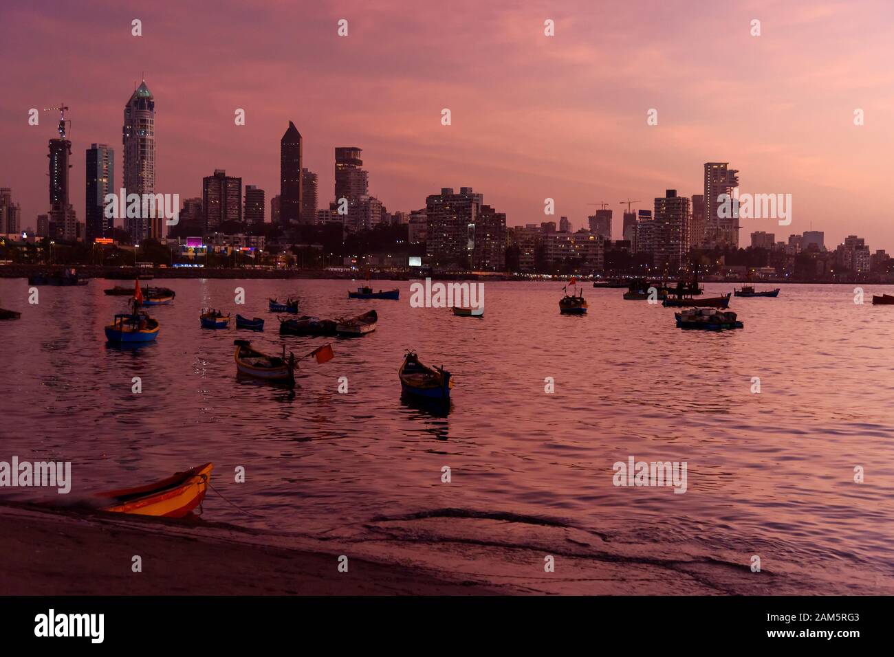 View of Haji Ali bay and coast with skyline at night. Mumbai. India ...