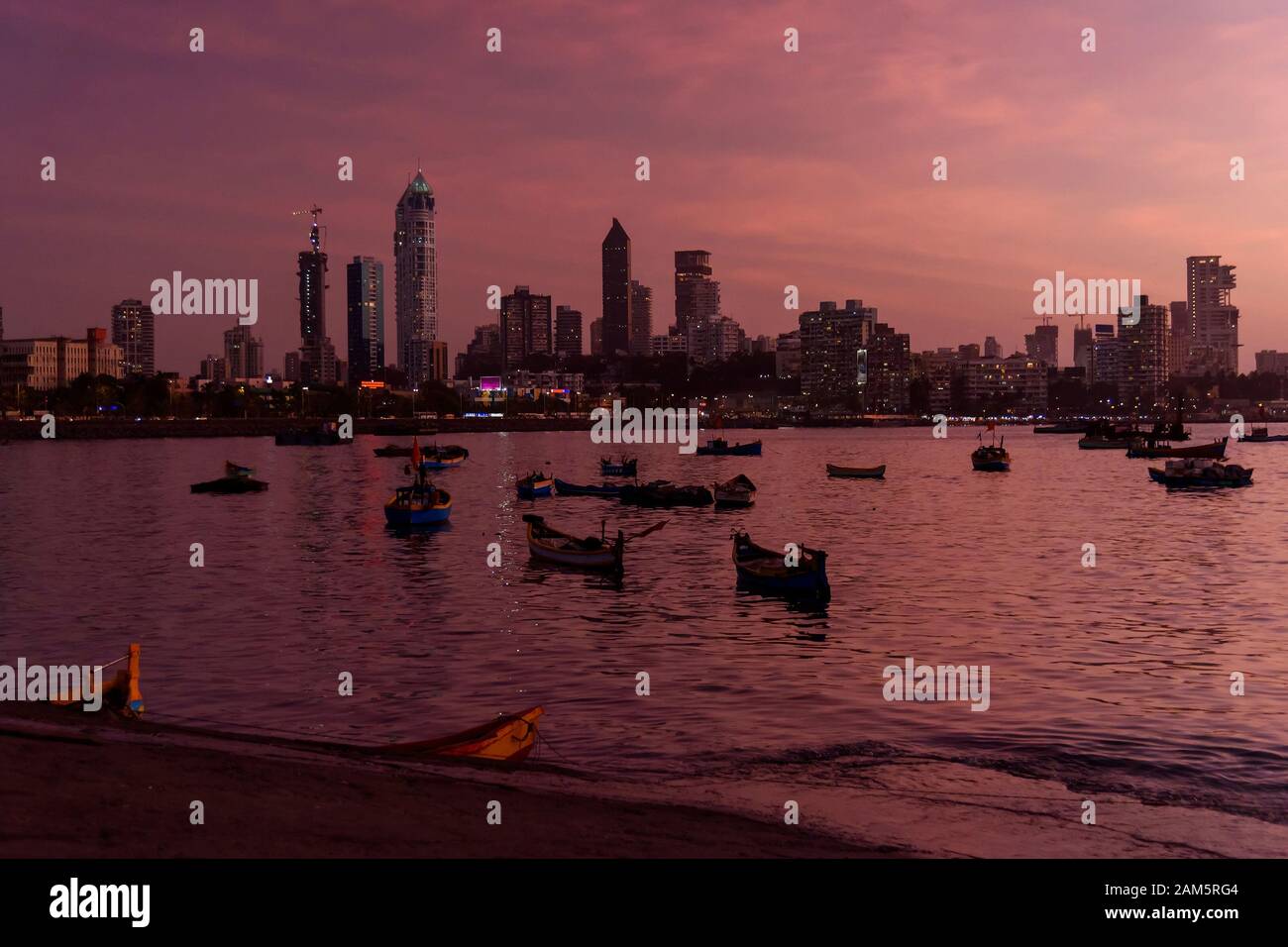 View of Haji Ali bay and coast with skyline at night. Mumbai. India ...