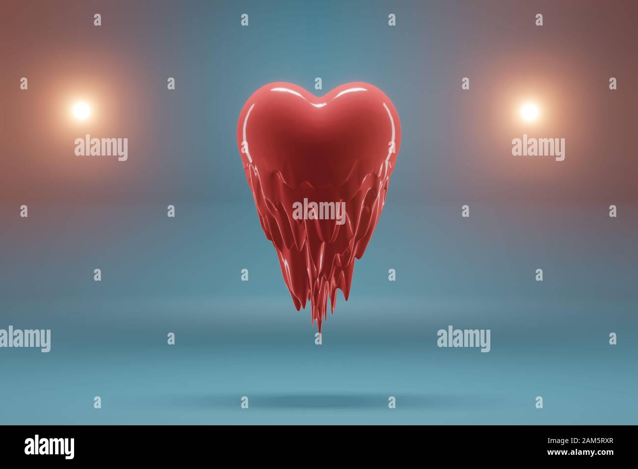 3D rendering Red heart is flying and melts from love on a blue ...
