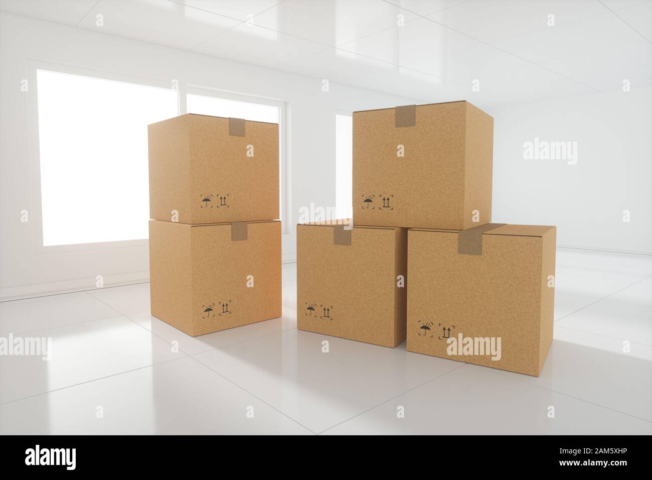 Stacked cardboard in the empty room, with sunlight come from the ...