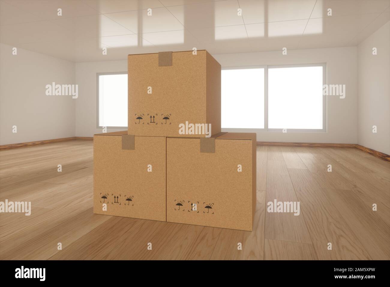 Stacked cardboard in the empty room, with sunlight come from the ...