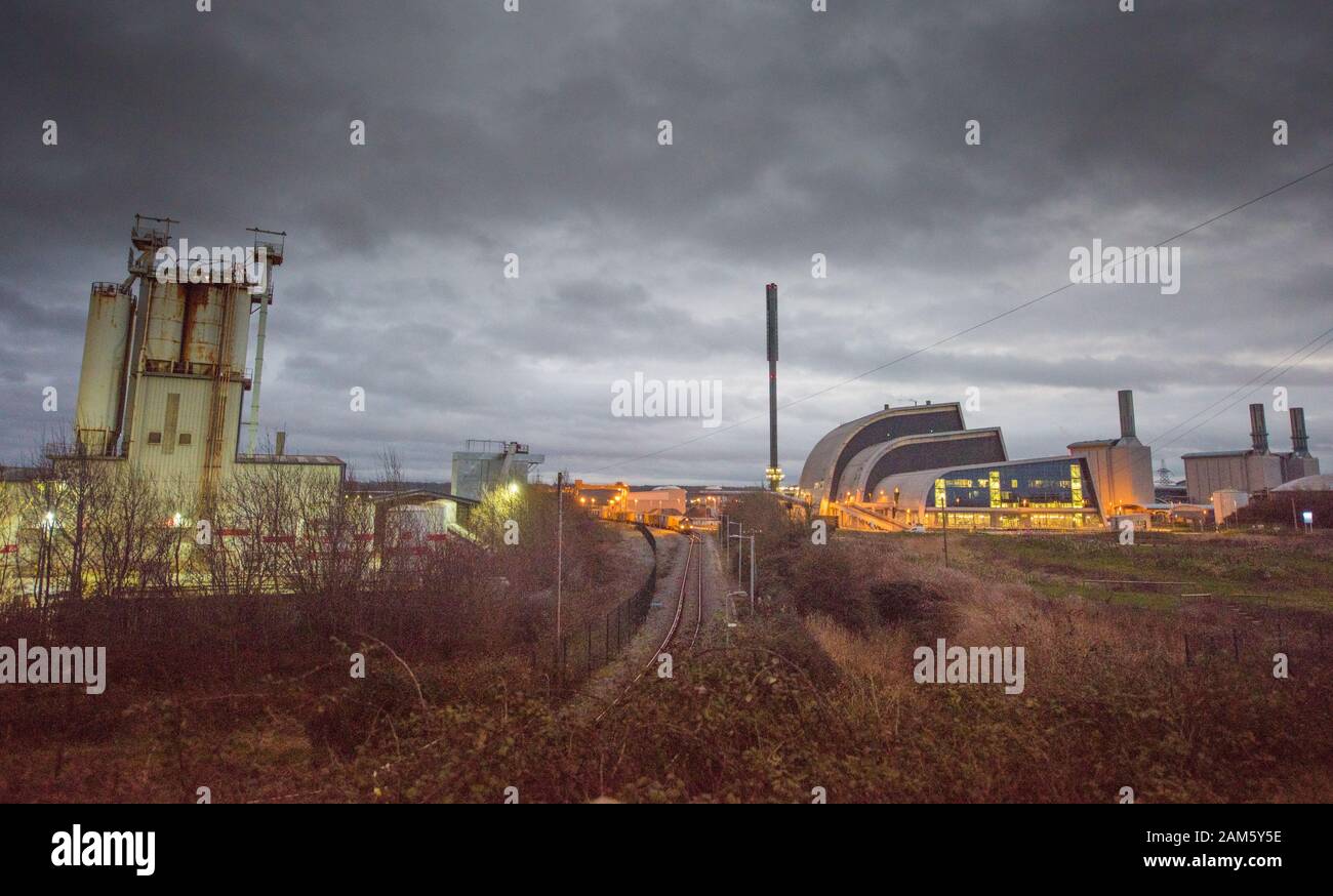 Industrial night time shot of the modern gas-fired Seabank Power ...