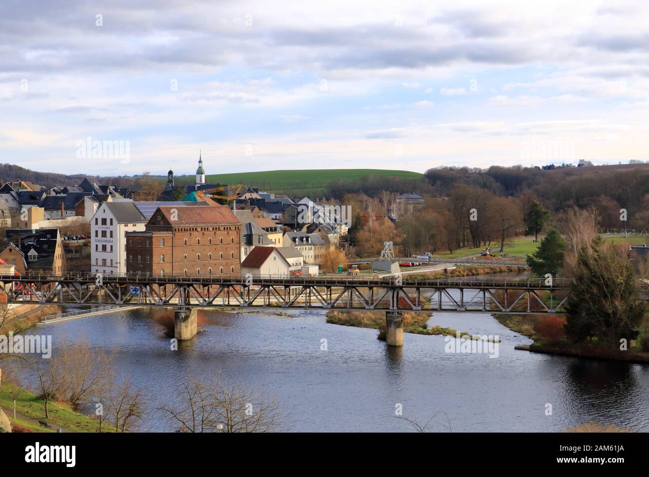 View of Rochlitz in Germany in Europe with the Zwickauer Mulde River ...