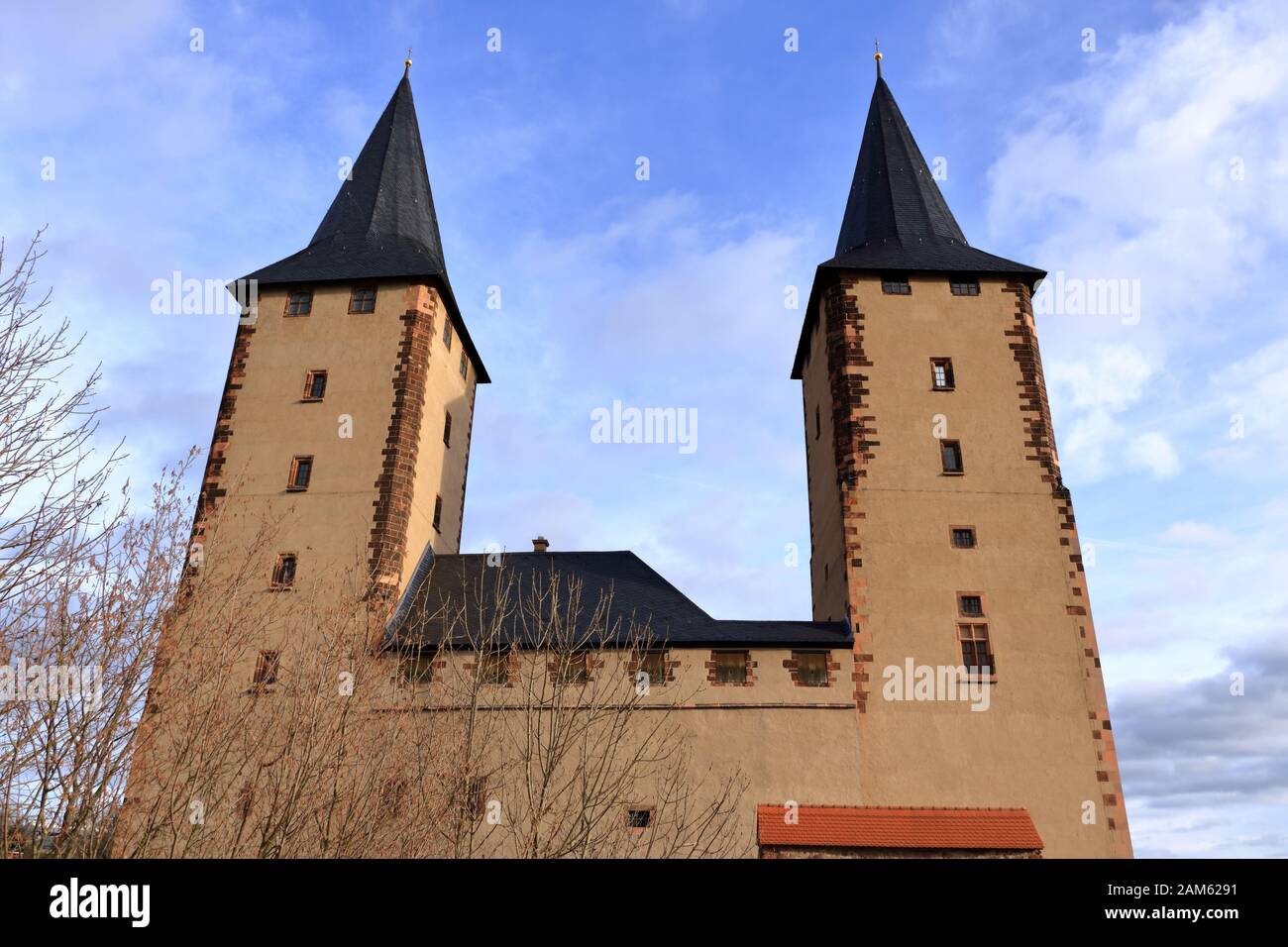Towers of the medieval castle in Rochlitz/Saxony/Germany in Europe with ...