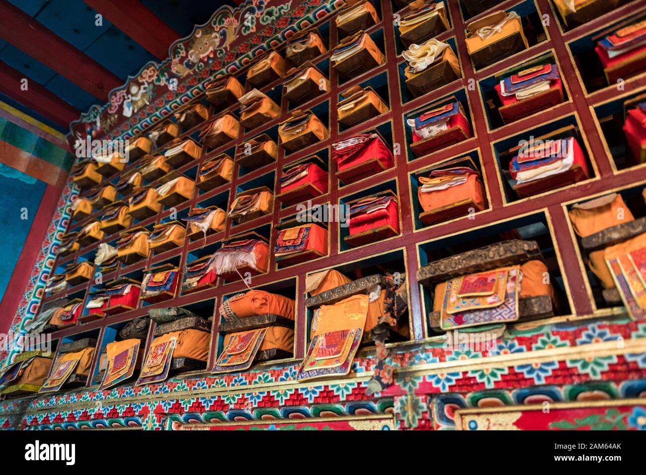 Sacred Buddhist texts stored at the monastery of Marpha, Marpha village ...