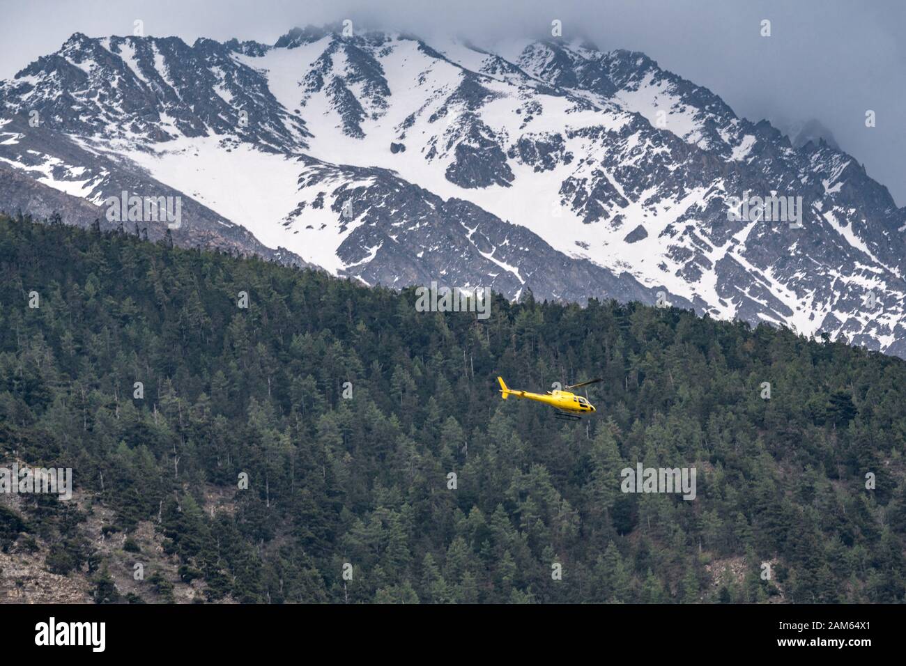 Helicopter near a small village Marpha in Mustang district, Nepal Stock ...