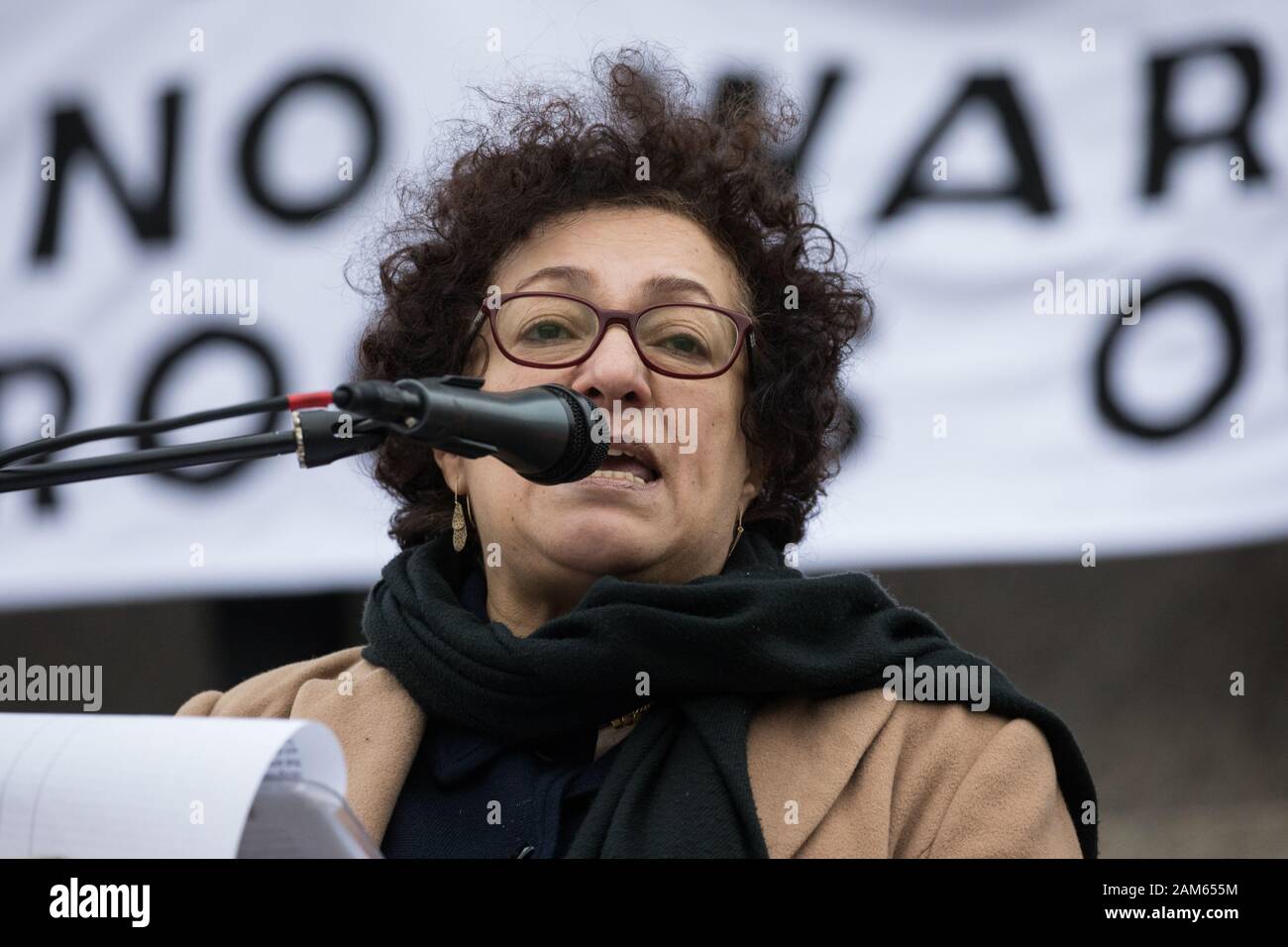 London, UK. 11 January, 2020. A female Iranian activist addresses the ...