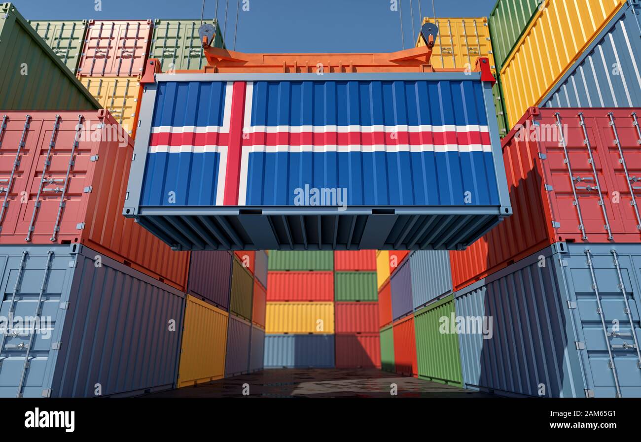 Container Terminal - Freight container with Iceland flag. 3D Rendering ...