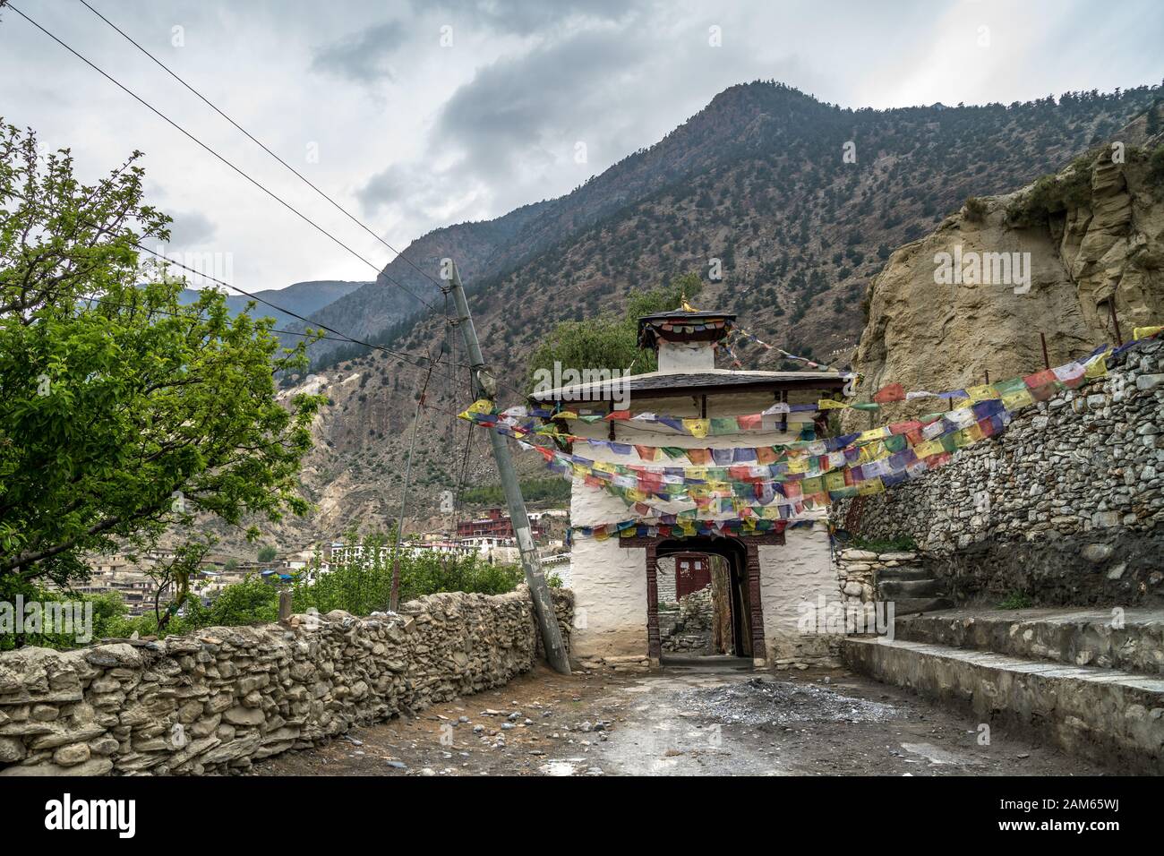 Noirthern entrance gate to Marpha, small village in Mustang district ...