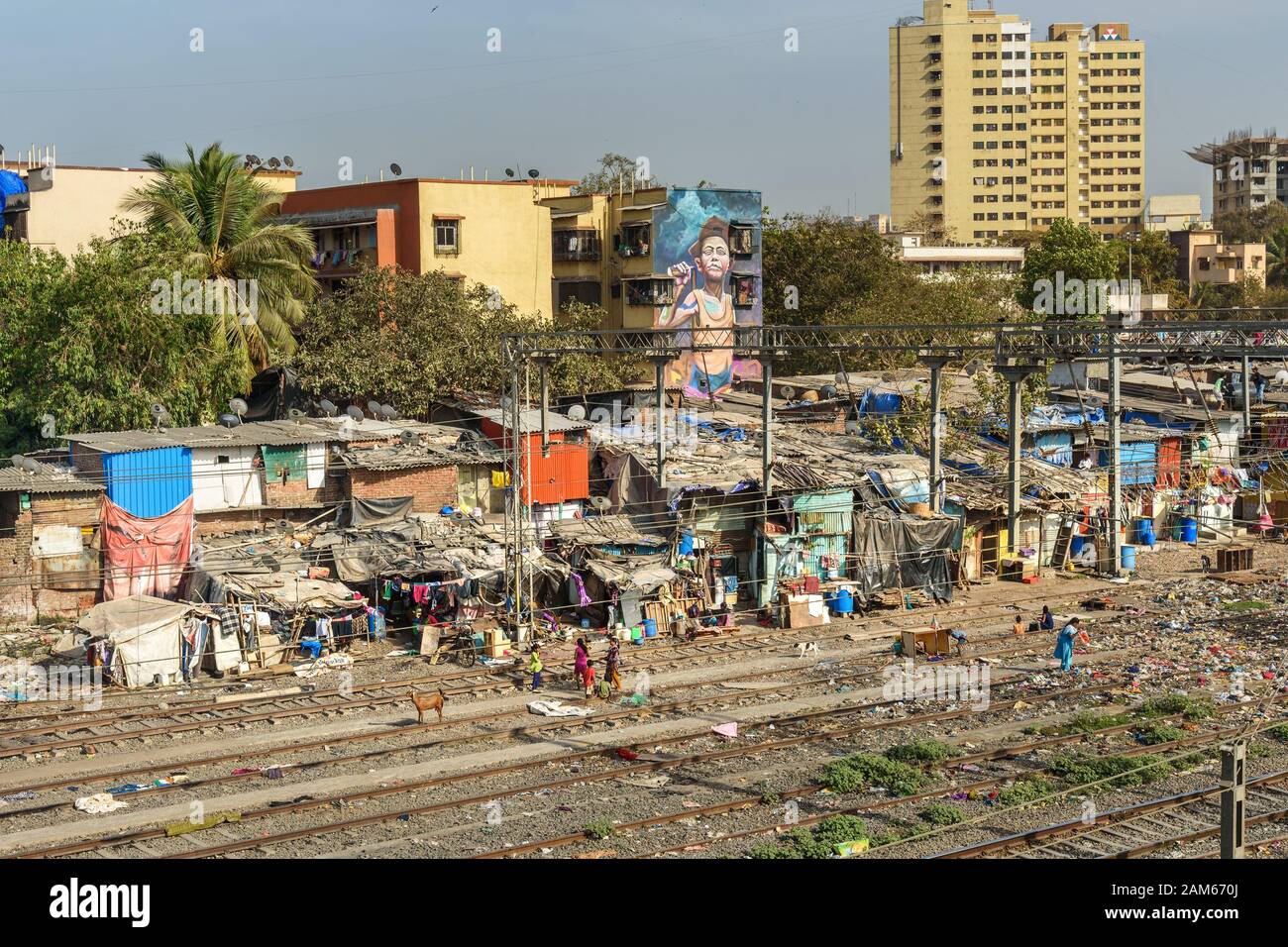 View of garbage slums poor area near Suburban Railway. Dharavi Slum at ...