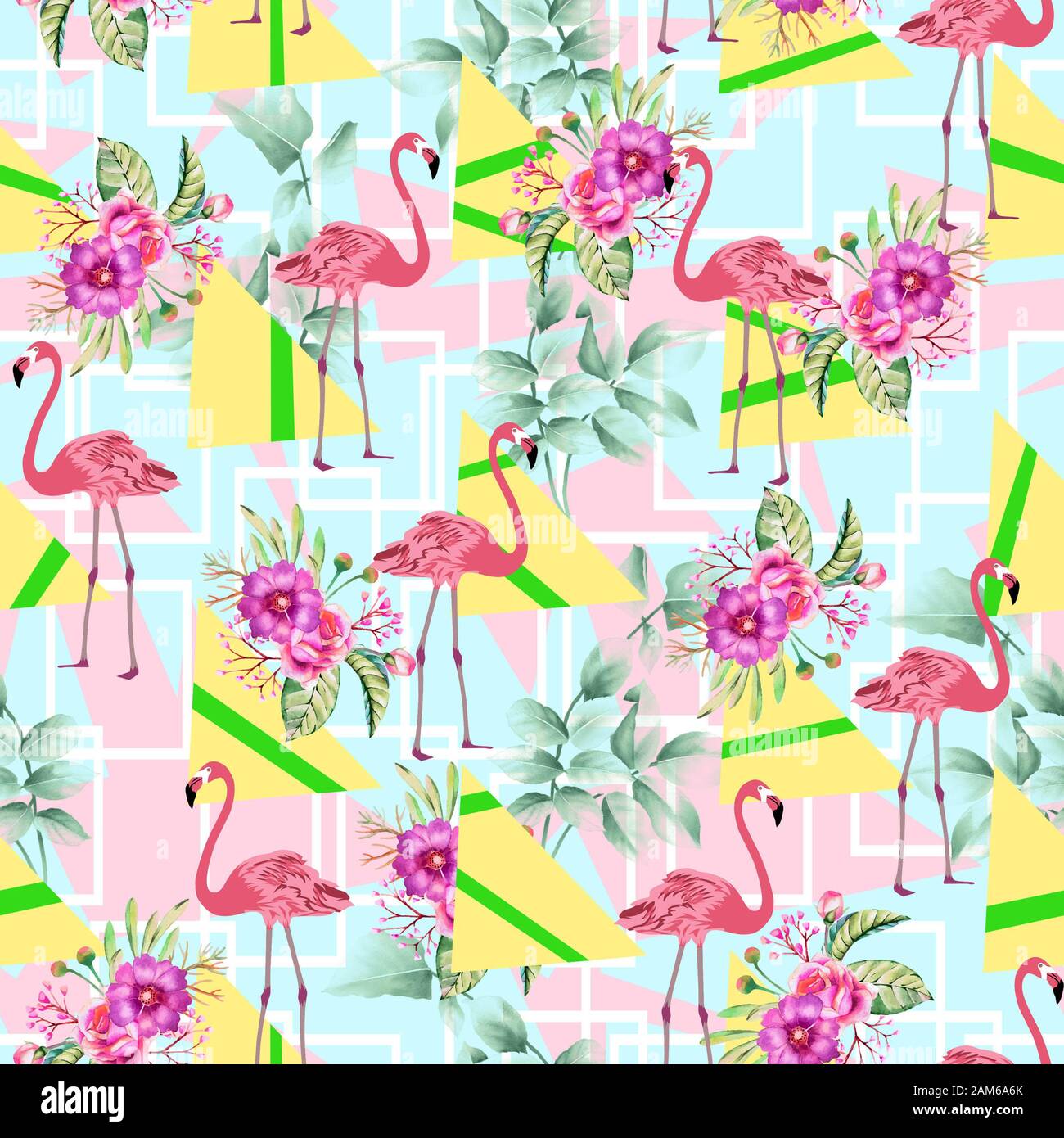 Tropical animals pattern with pink flowers and geometric shapes ...