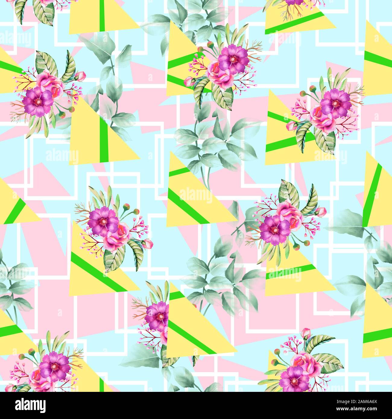 Tropical flowers seamless pattern with geometric shapes. Leaves ...