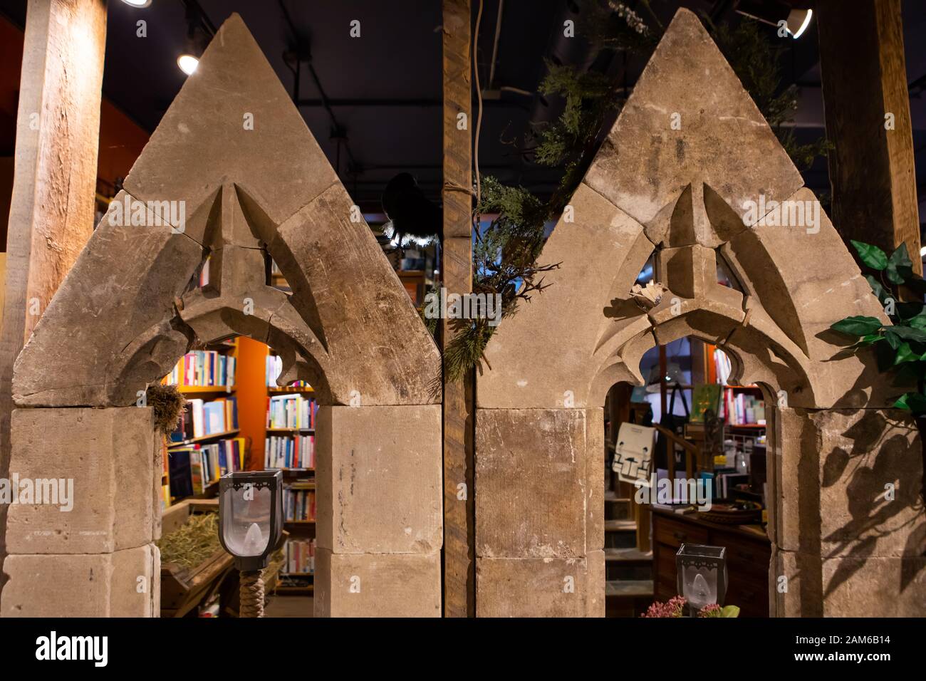Front view of decorative stone arches in the home library. Interior of ...