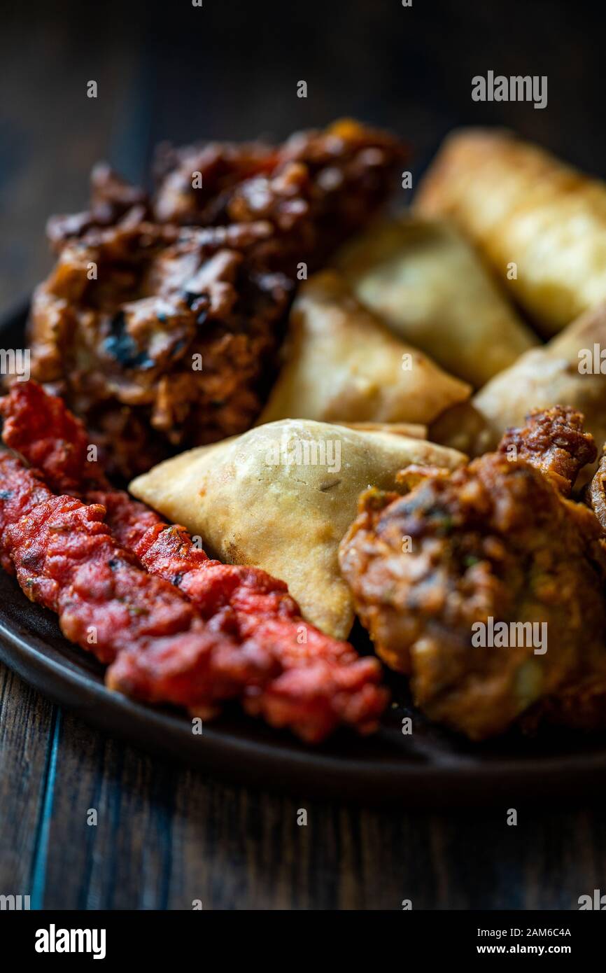 Indian Asian Food Samosas / Samsa with Pakora, Aloo Tikki and Spring ...